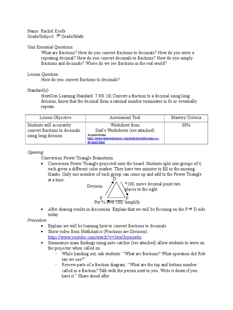 Lesson Plan | Download Free PDF | Fraction (Mathematics) | Decimal