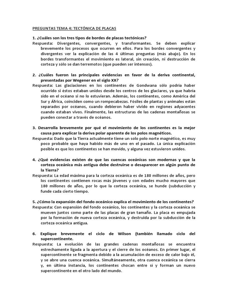 Preguntas Cortas Tema 4 Respuestas | PDF | Placas tectónicas | Continente