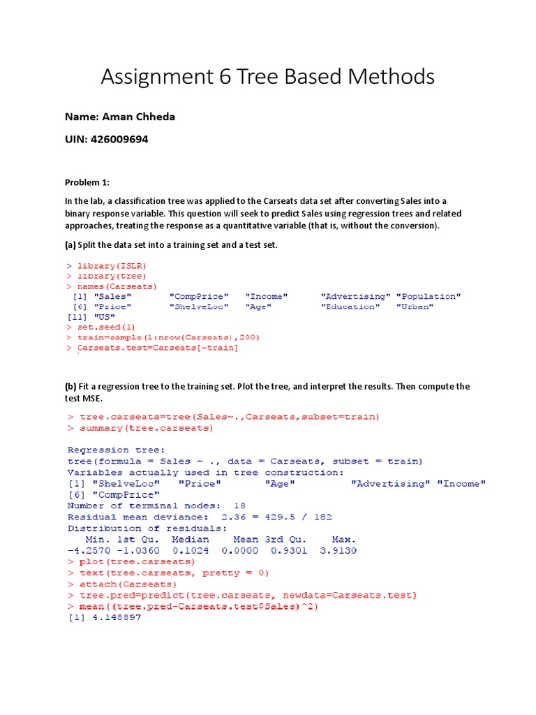 Assignment 6 Tree Based Methods | PDF | Test Set | Statistical Inference