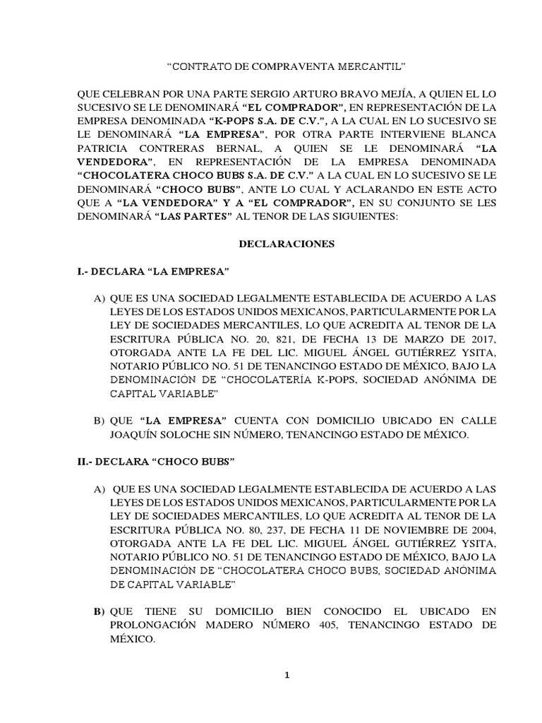 Contrato De Compraventa Mercantil Ejemplo Pdf