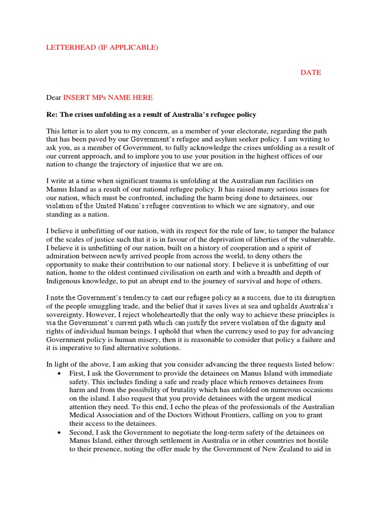 Letter To GoV MP Refugee Policy | PDF | Refugee | Government