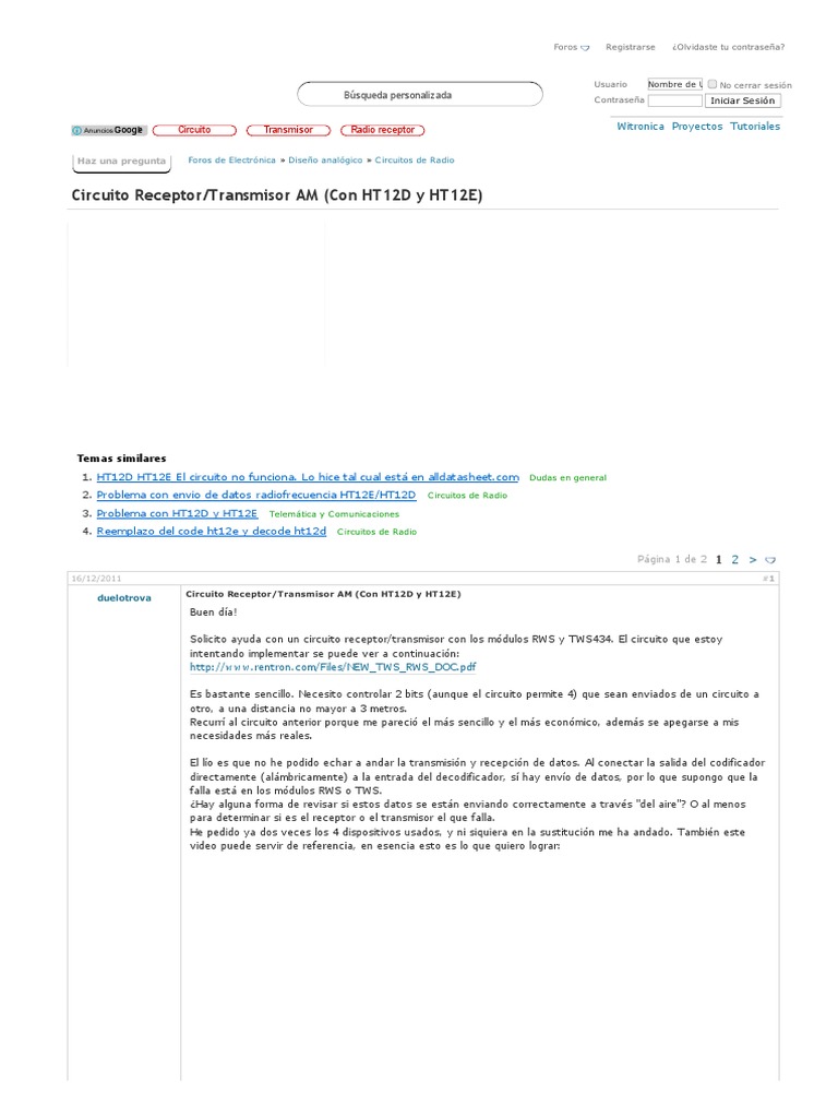Circuito Receptor - Transmisor AM (Con HT12D y HT12E) | PDF | Transmisor | Diodo emisor de luz