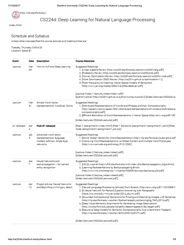 Stanford University CS224d - Deep Learning For Natural Language Processing - Syllabus | PDF ...