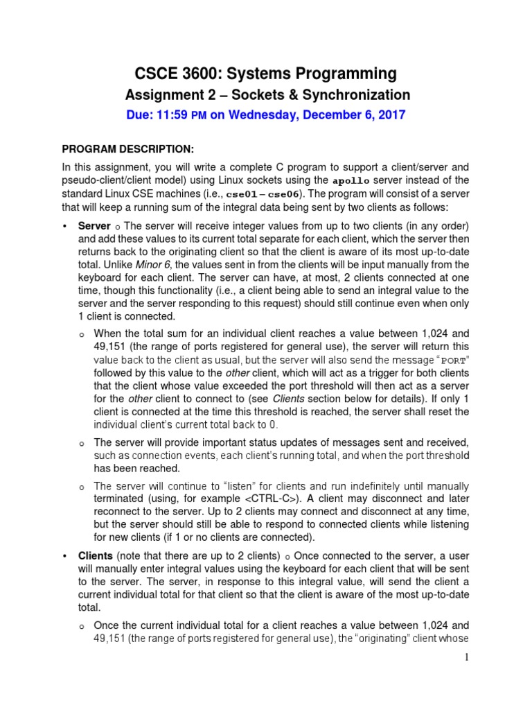 Csce 3600 Systems Programming Assignment 2 Sockets And Synchronization Pdf Port Computer