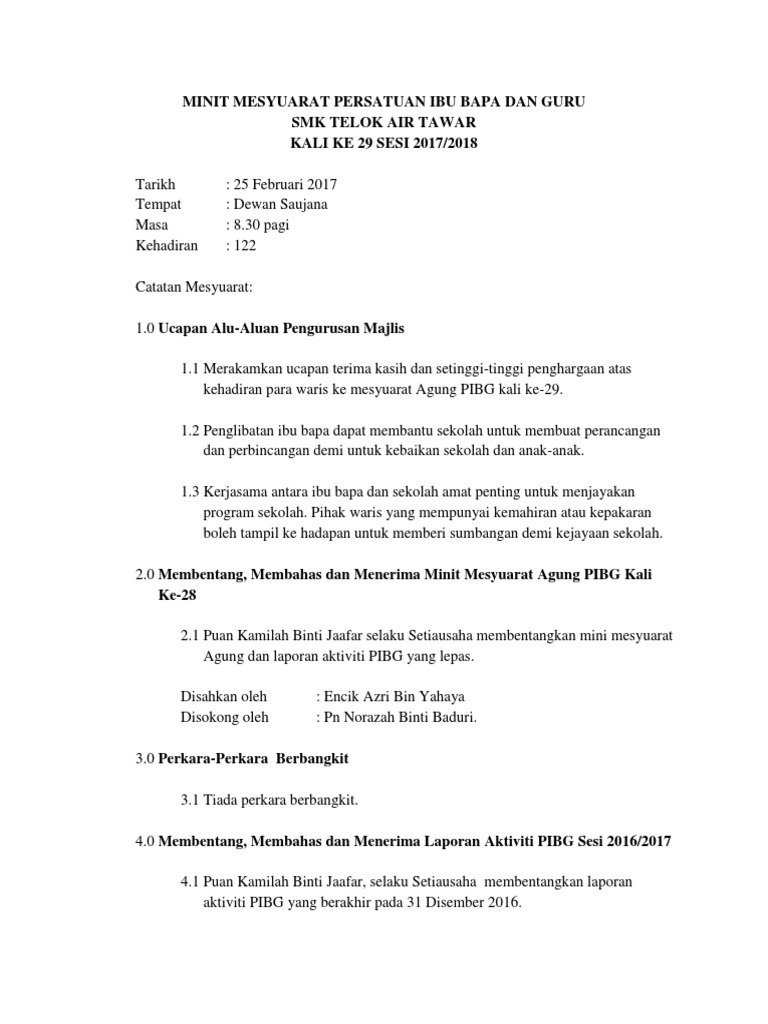 Minit Mesyuarat Persatuan Ibu Bapa Dan Guru | PDF