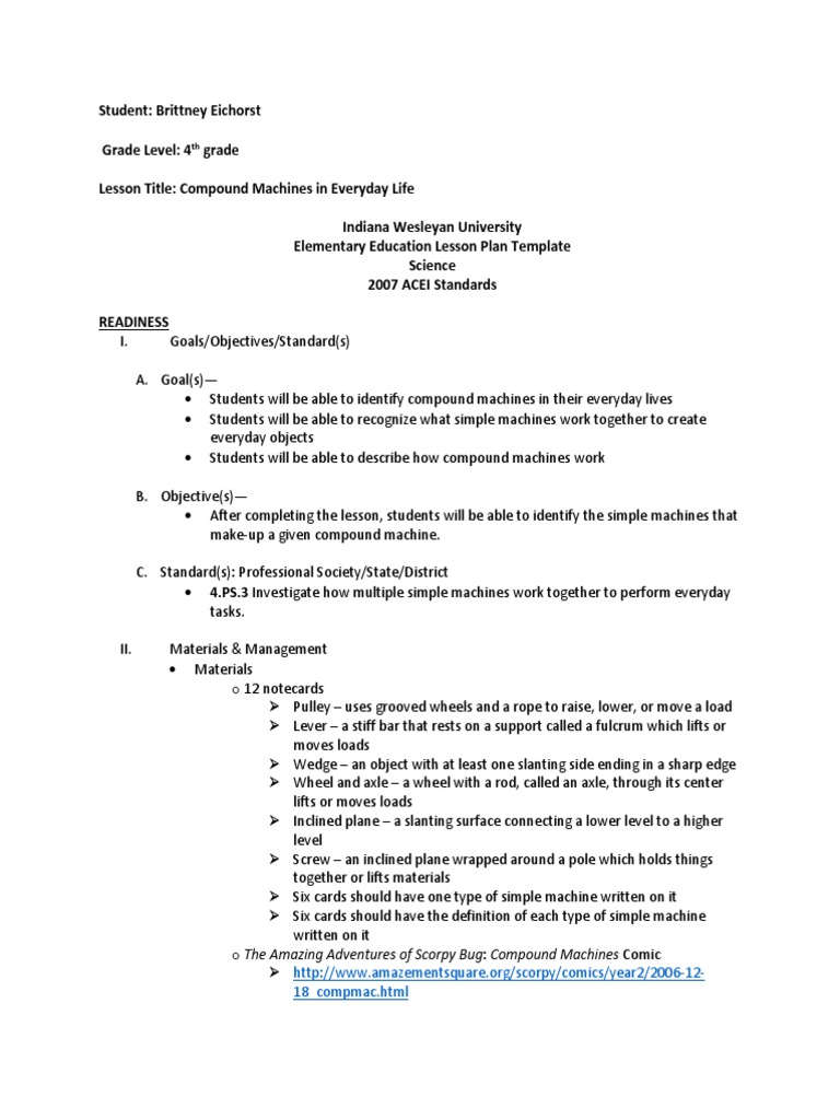 Compound Machines Lesson Plan | PDF | Machines | Lever