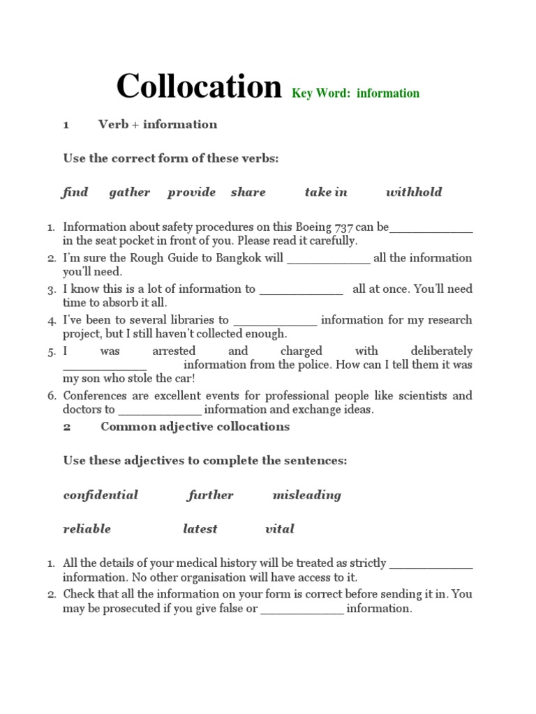 Collocation: 1 Verb + Information Use The Correct Form of These Verbs ...