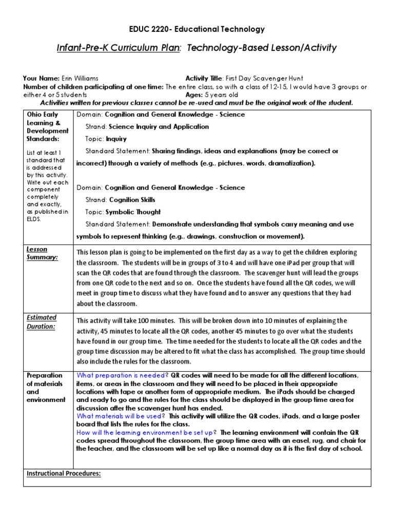 Infant-Pre-K Curriculum Plan: Technology-Based Lesson/Activity | PDF ...