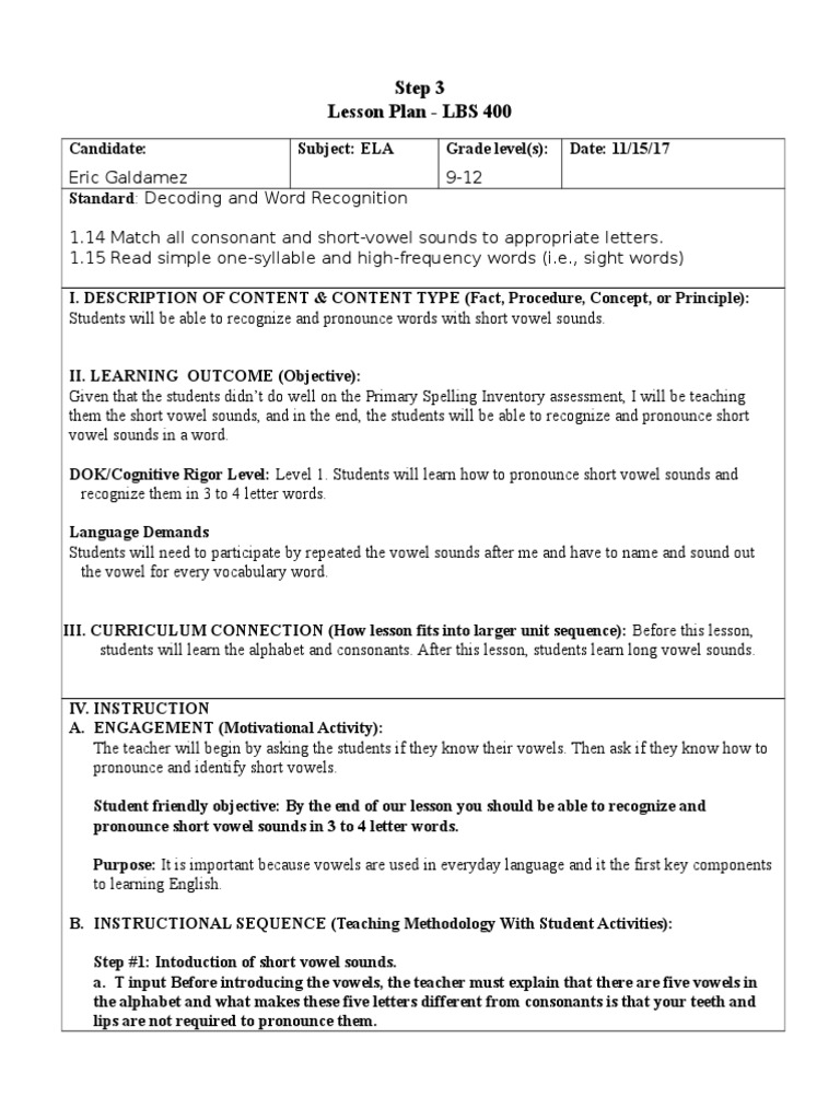 Lbs 400 Lesson Plan Final | PDF | Vowel | Lesson Plan