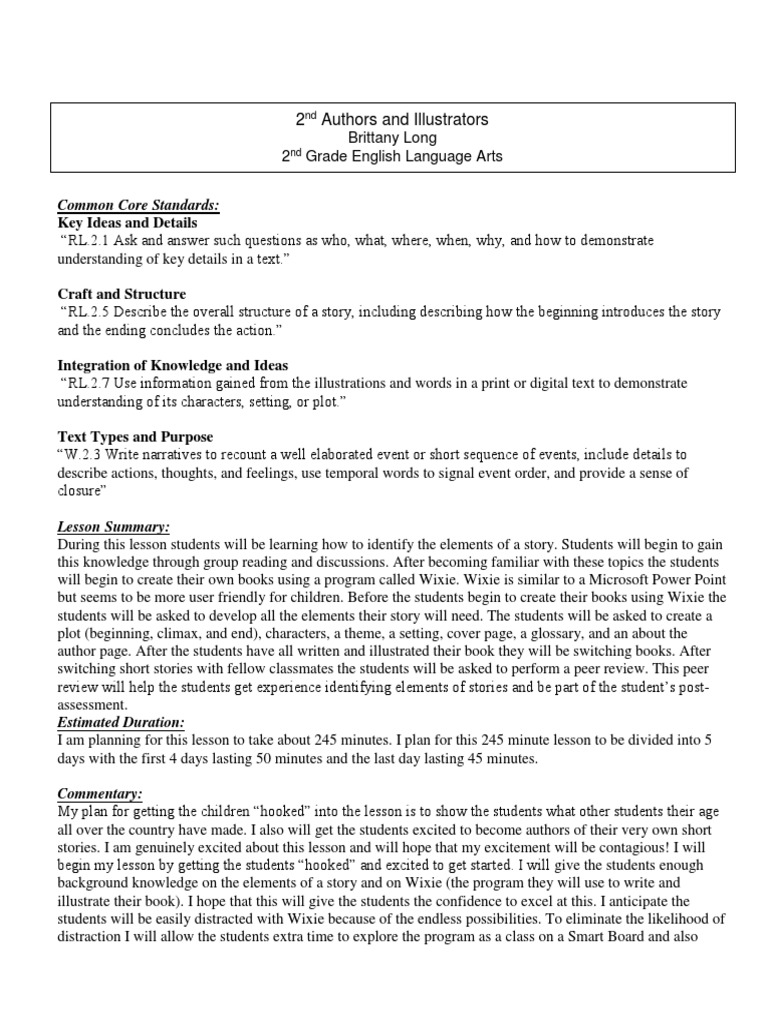 2nd Grade Story Elements Lesson Plan | PDF | Communication | Cognition