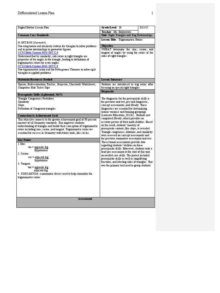 Trigonometric Ratios Lesson Plan | PDF | Trigonometric Functions | Sine