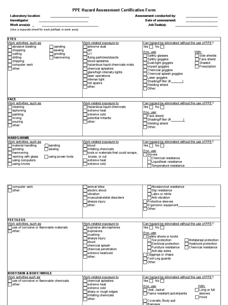 PPE Hazard Assessment Certification Form: (Use A Separate Sheet For ...