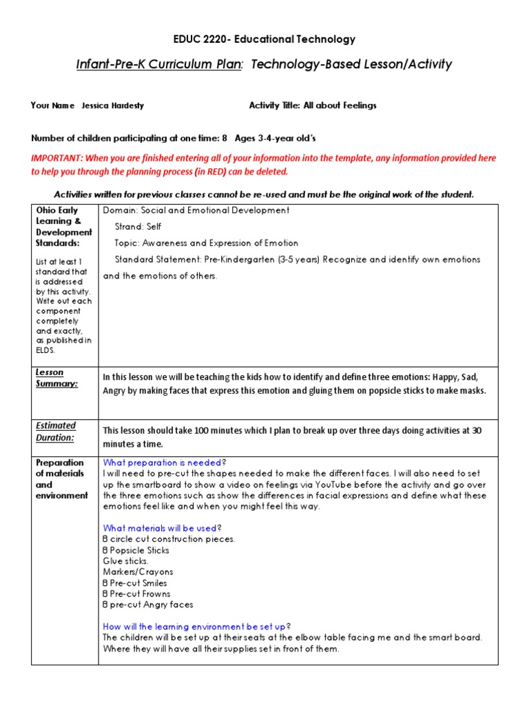 Infant-Pre-K Curriculum Plan: Technology-Based Lesson/Activity | PDF ...