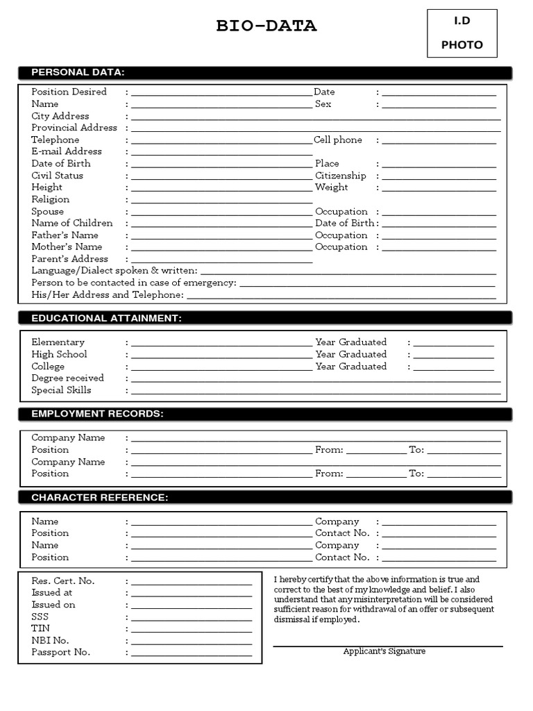 Bio Data Form | PDF | Government And Personhood