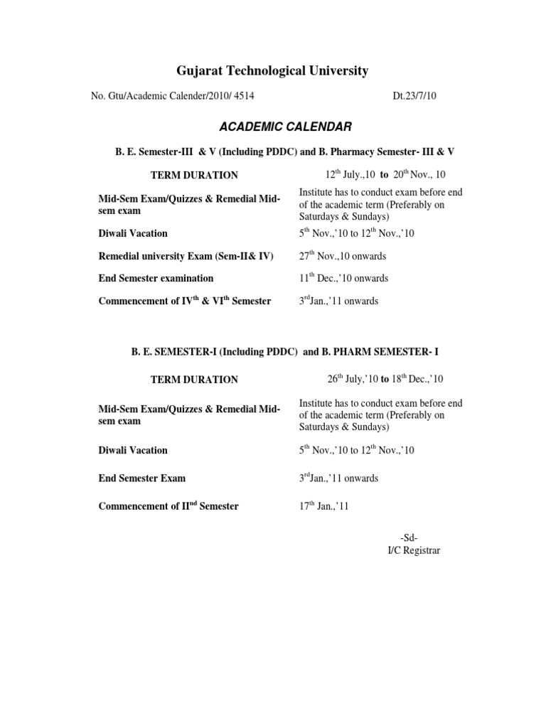Gujarat Technological University: Academic Calendar | PDF