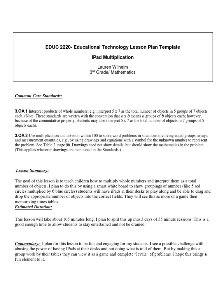 Educ 2220-Educational Technology Lesson Plan Template Ipad Multiplication | PDF | Educational ...