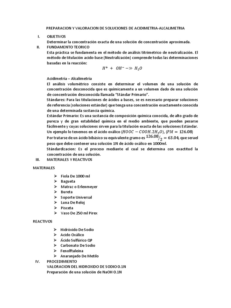 Preparacion y Valoracion de Soluciones de Acidimetria-Alcalimetria ...