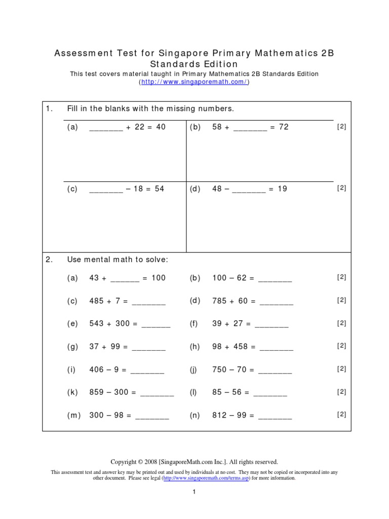 Assessment Test For Singapore Primary Mathematics 2B Standards Edition ...