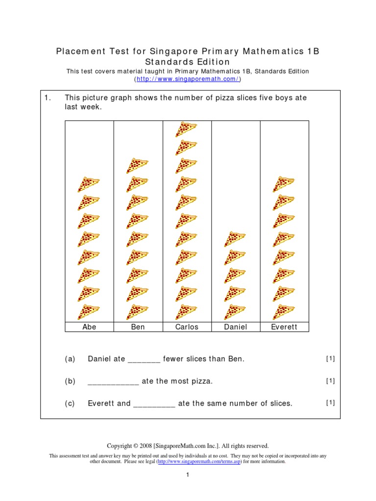 Placement Test For Singapore Primary Mathematics 1B Standards Edition ...