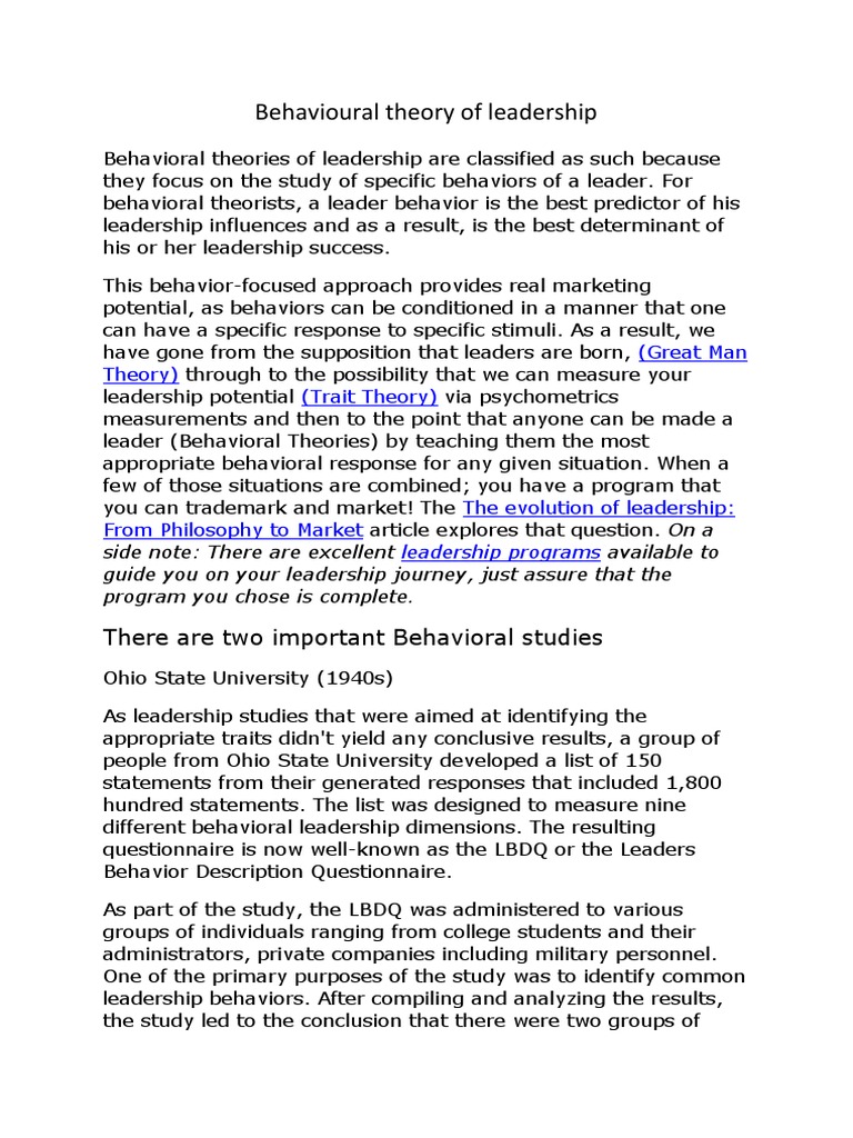 Behavioral Leadership Theories Explained | PDF | Leadership | Behavior