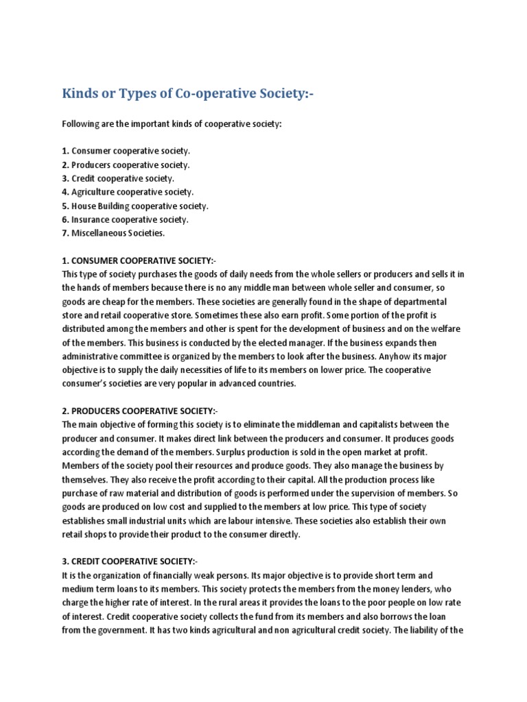 Kinds or Types of Co-Operatives | PDF | Cooperative | Insurance