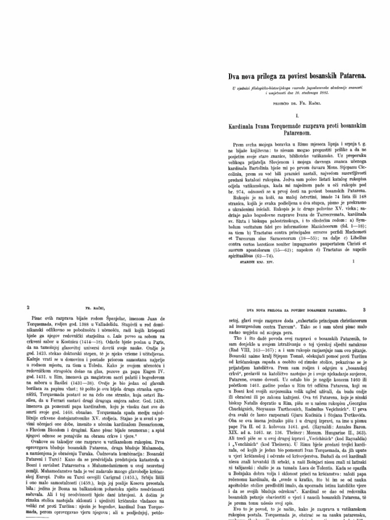 Franjo Rački - Dva Nova Priloga Za Poviest Bosanskih Patarena | PDF
