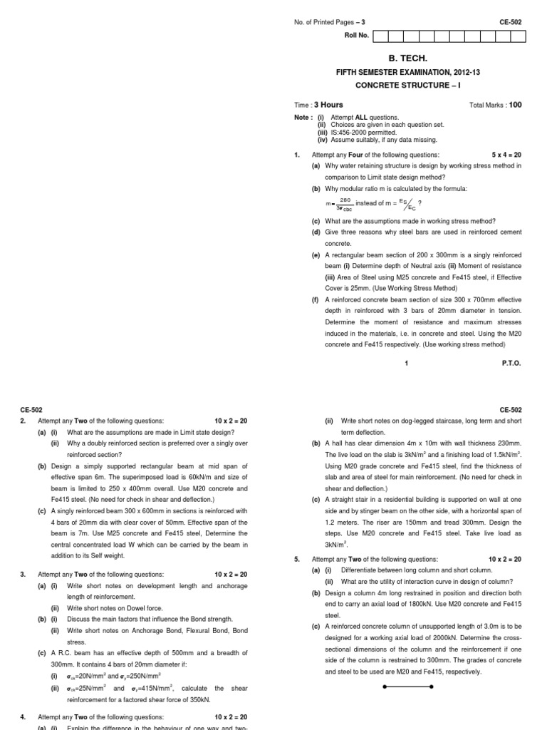 CE 502 5th Sem 2012 13 Concrete Struct I | PDF | Beam (Structure) | Column