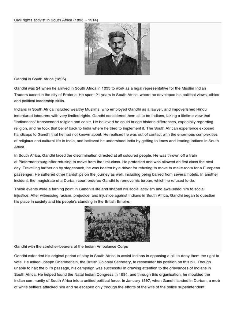 Mahatma Ghandi - Civil Rights Activist in South Africa | PDF | Social ...