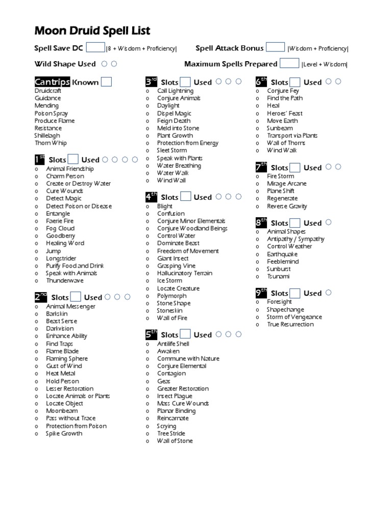 Moon Druid Spell List | Wound | Weather
