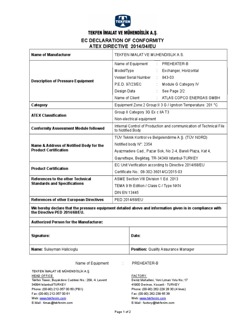 Ornek - Declaration of Conformity Atex Directive 2014-34-Eu | PDF | Industries | Business