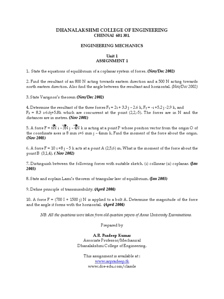 Engineering Mechanics - Assignment 1 | PDF