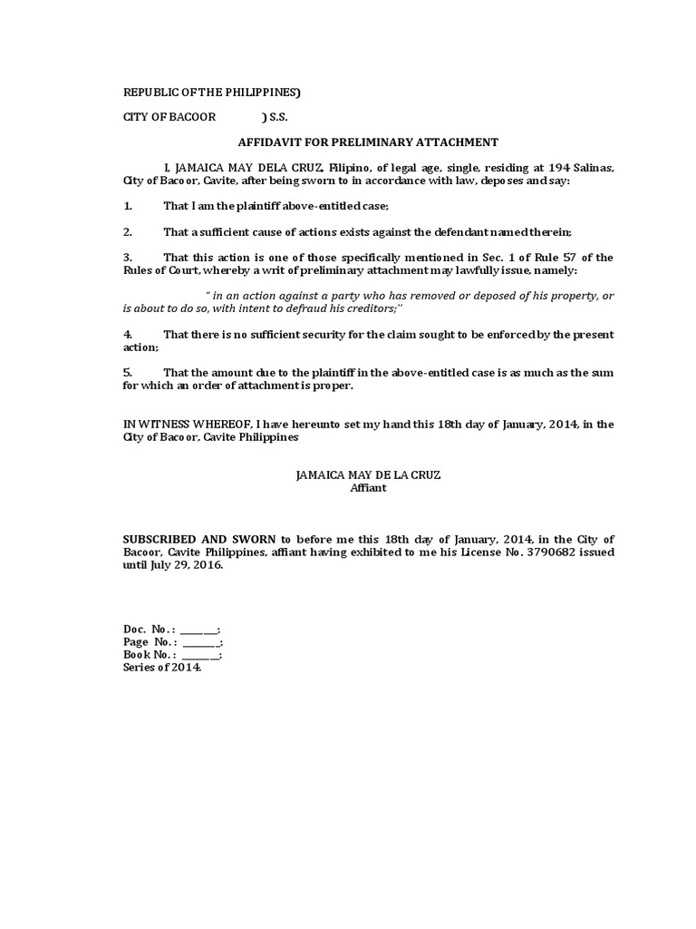 Affidavit For Preliminary Attachment | PDF
