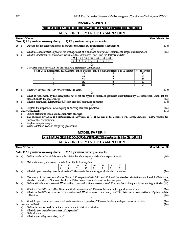 RTMNU MBA Research Methodology Model Papers | PDF | Arithmetic Mean ...