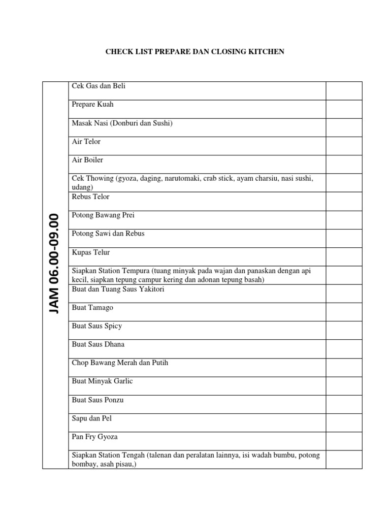 Check List Prepare Dan Closing Kitchen | PDF