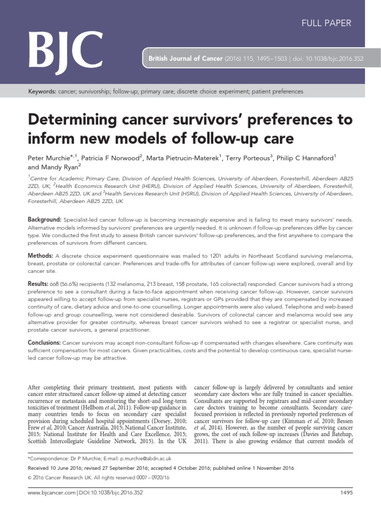 Determining Cancer Survivors' Preferences To Inform New Models of ...