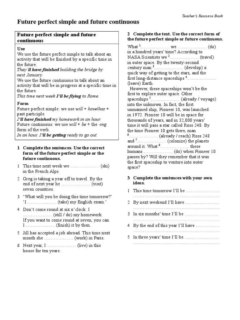 Future Perfect Simple and Future Continuous: A Teacher's Resource on ...