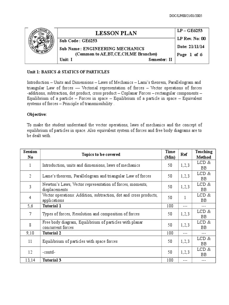Lesson Plan: Basics & Statics of Particles | PDF | Force | Motion (Physics)