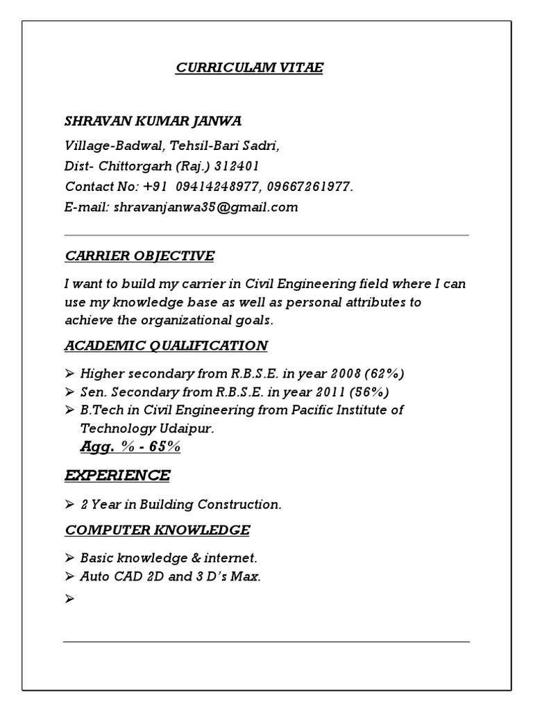 Civil Engineer CV of Shravan Kumar Janwa | PDF