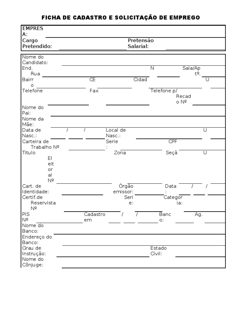 Formulario De Emprego Para Imprimir Gratuitamente Os 5 Principais