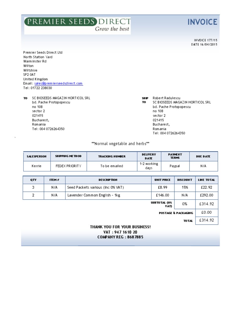 Invoice for Seed Purchase - Premier Seeds | PDF | Service Industries ...