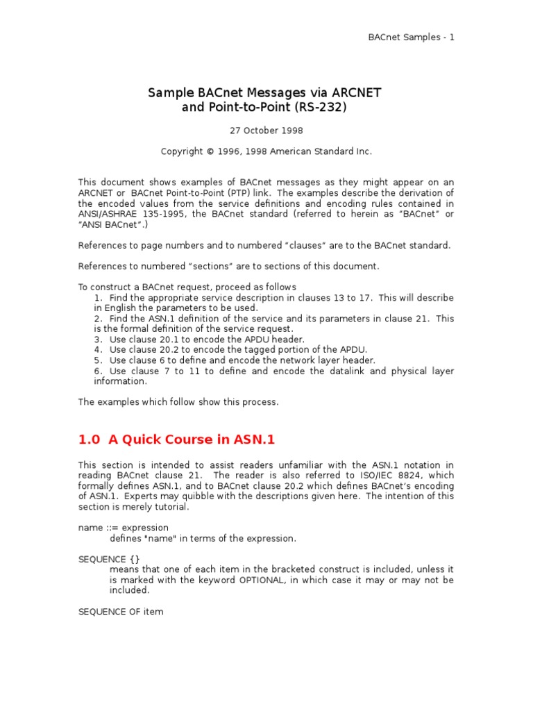 Sample Bacnet Messages Via Arcnet and Point-To-Point (Rs-232) | PDF ...