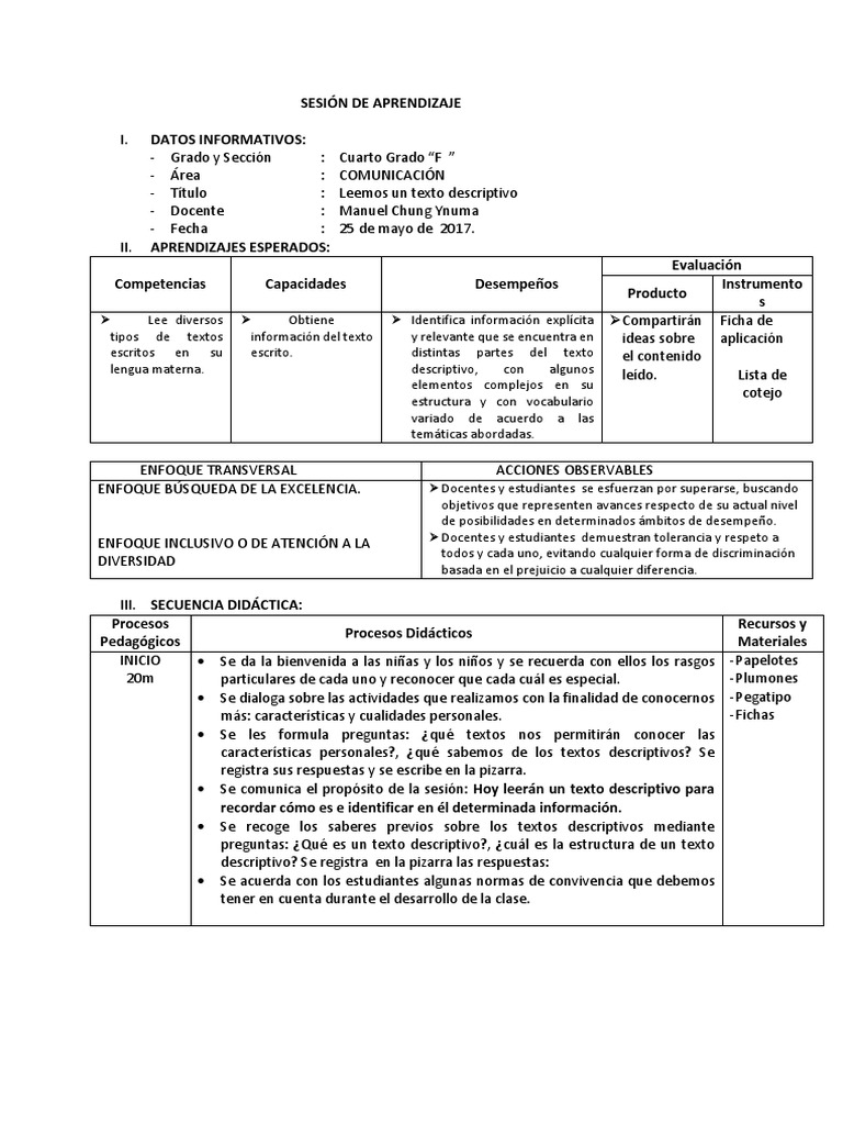 Sesión De Aprendizaje Texto Descriptivo Docx Lectura Proceso