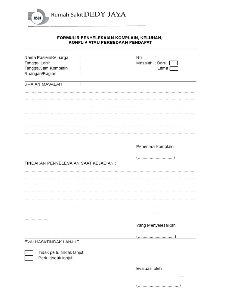 Formulir Keluhan RS Dedy Jaya | PDF