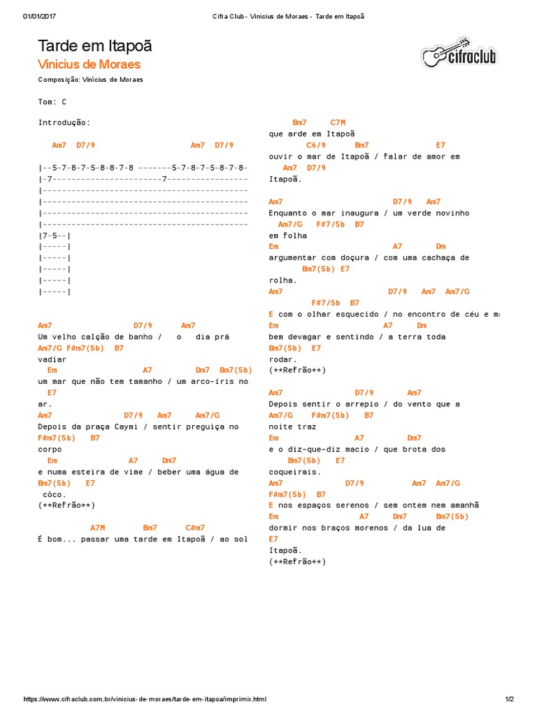 Cifra Club - Vinicius de Moraes - Tarde em Itapoã PDF | PDF ...