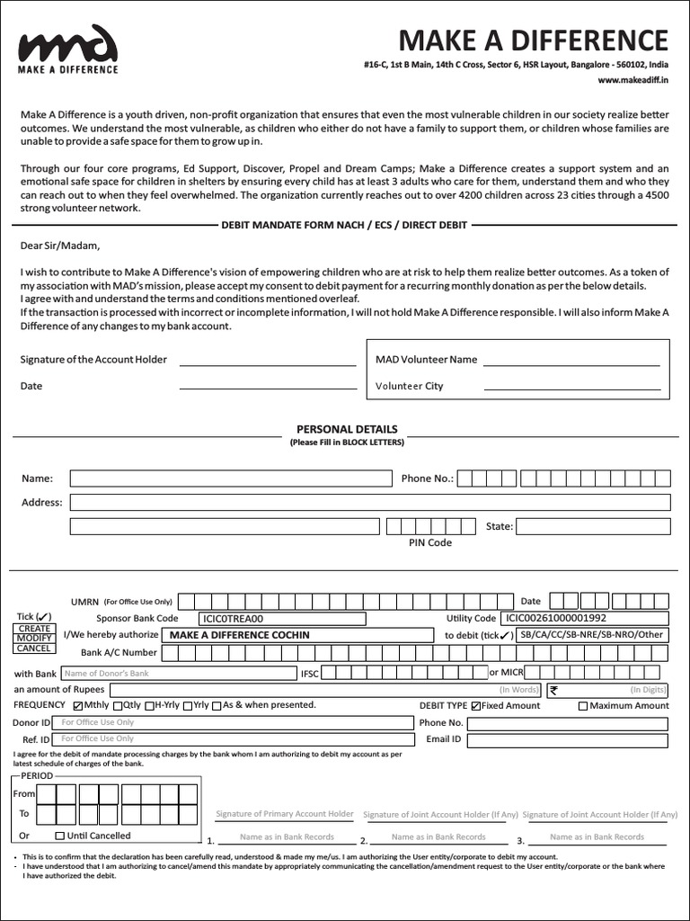 NACH Form | Download Free PDF | Cheque | Debit Card