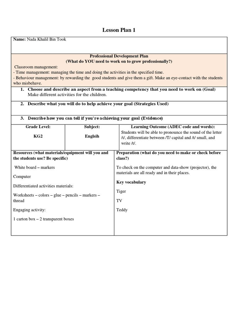 Lesson Plan 1 | PDF | Classroom Management | Lesson Plan