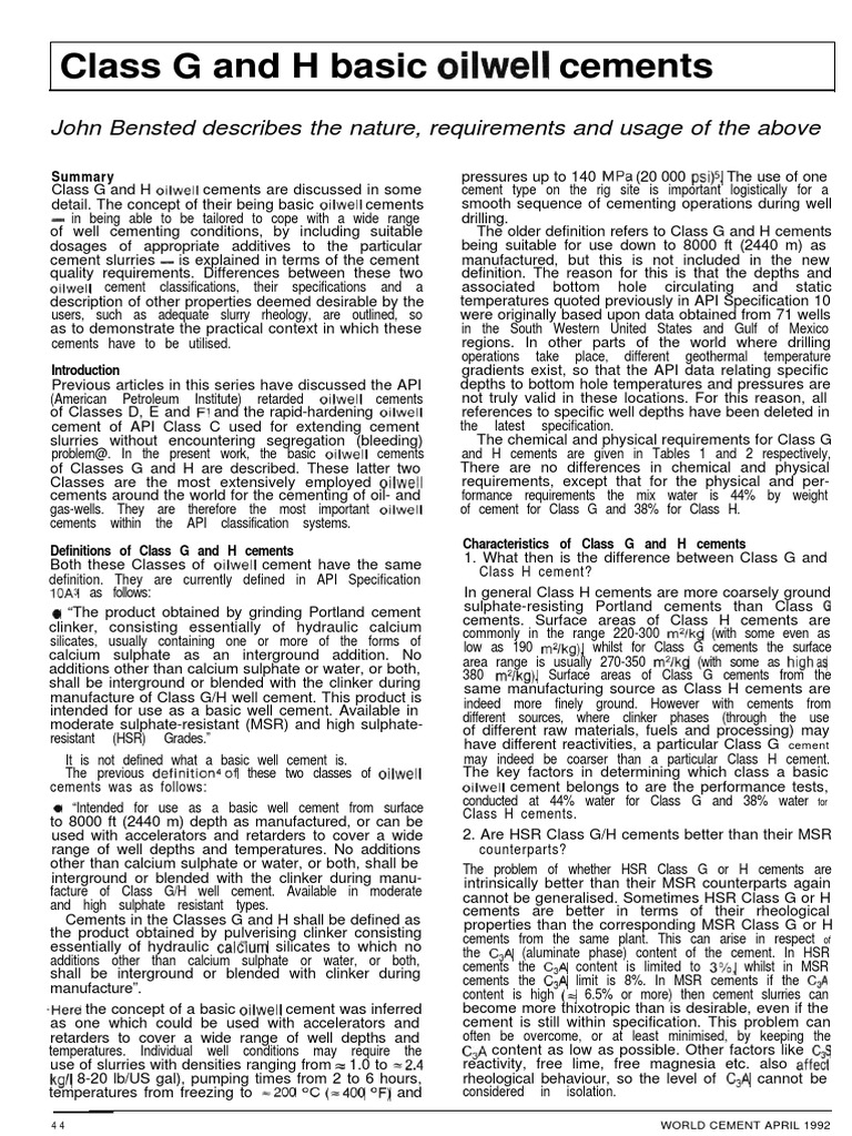 Class G and H Basic Oilwell Cements | PDF | Cement | Materials