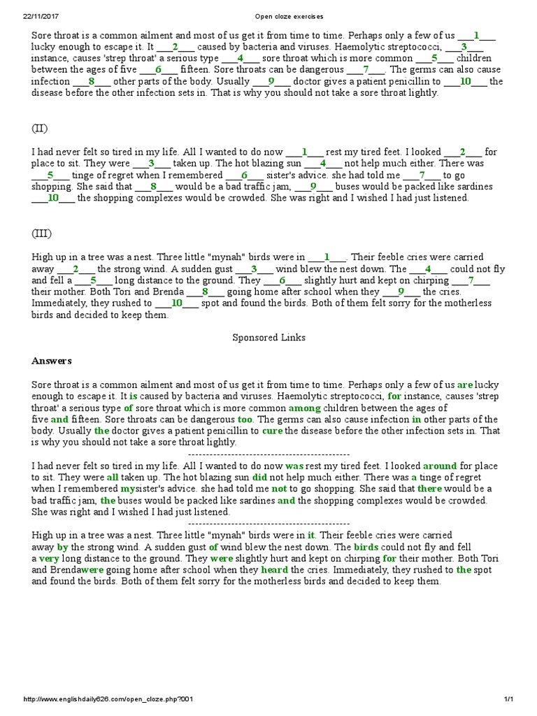 Open Cloze Exercises | PDF | Infection | Health Sciences