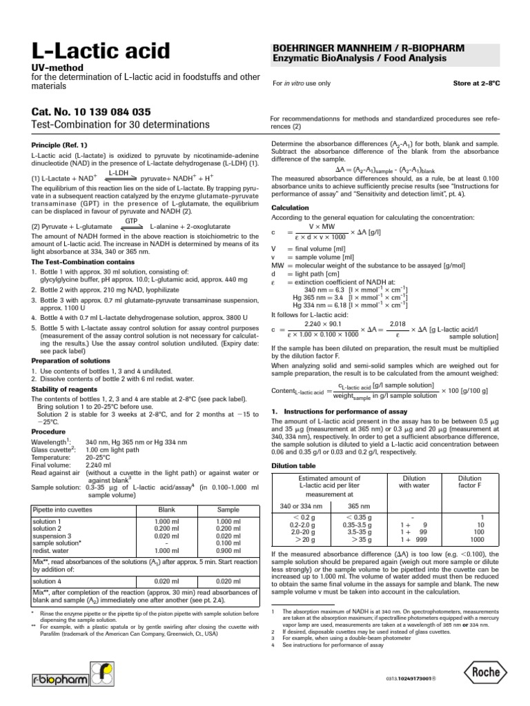 L-Lactic Acid Determination Method | PDF | Molar Concentration | Lactic ...