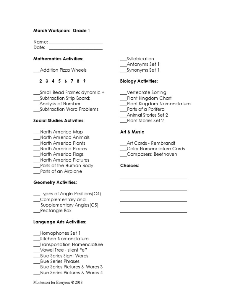 March Workplan: Grade 1: Montessori For Everyone © 2018 | PDF ...